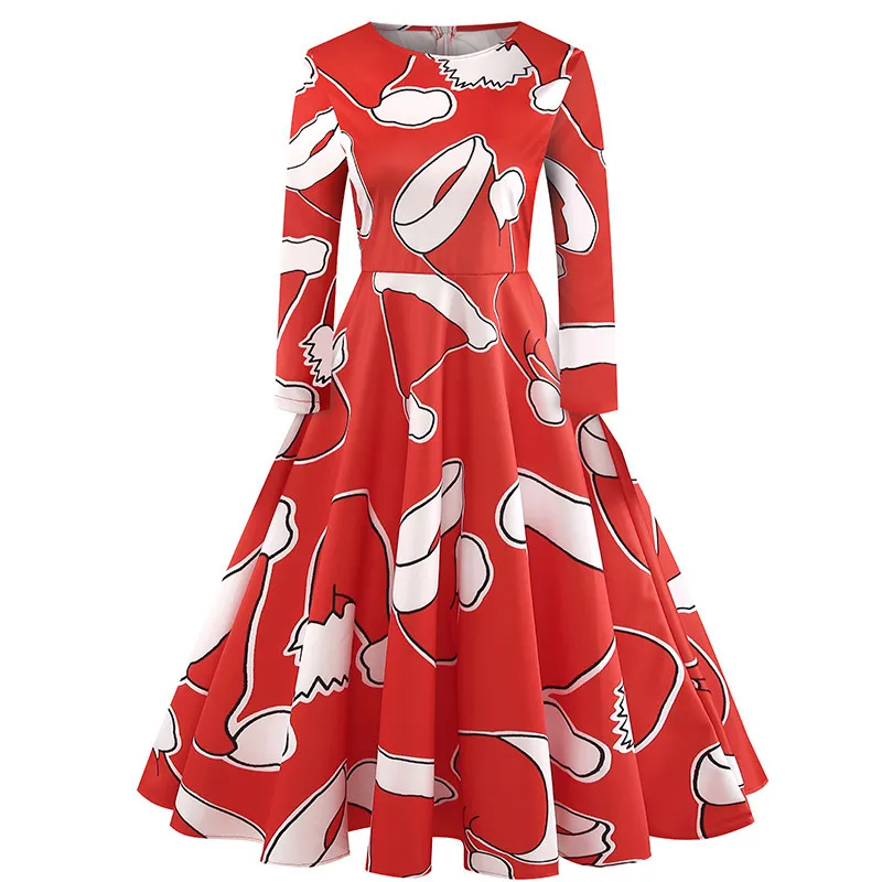 Elegant Christmas Dress Women Long Sleeve Print Vintage Party Dress
