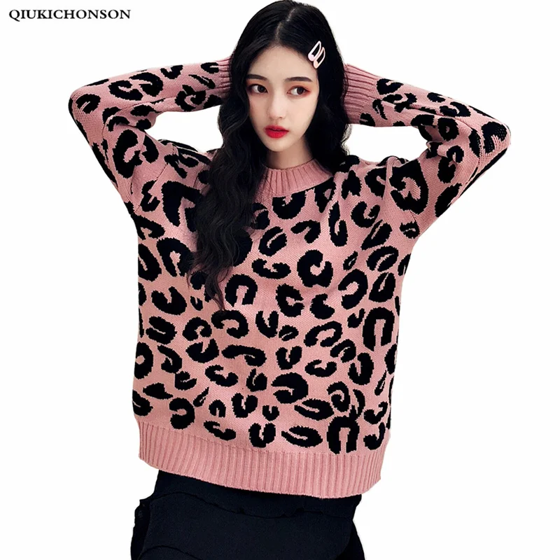 Sweet-Cute-Pink-Leopard-Sweater-Women-Casual-Loose-Sweater-Lazy-Wind ...