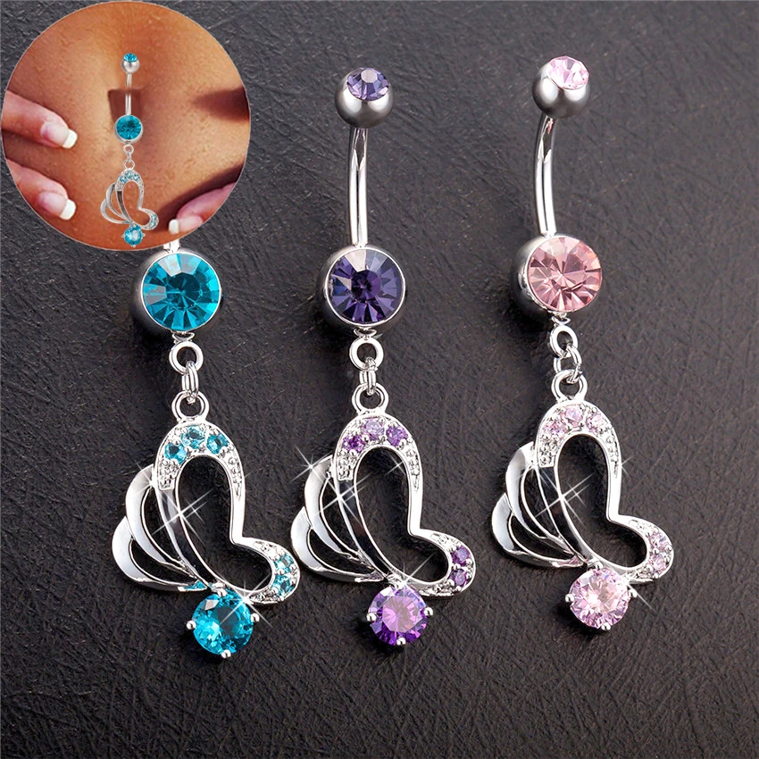 Gussiarro Butterfly Piercing Navel Jewelry Belly Piercings Purple Pink Blue AAA Cubic Zirconia ...