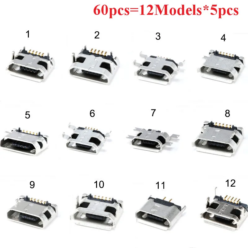 60pcs/lot 5 Pin SMT Socket Connector Micro USB Type B Female Placement ...
