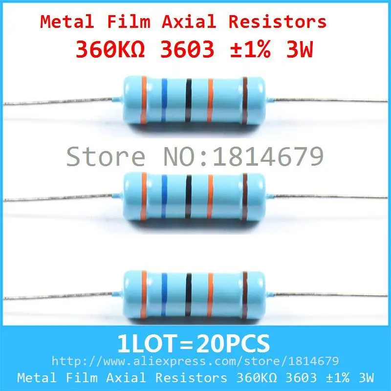 1LOT=20PCS Metal Film Axial Resistors 360Kohm 3603 1% 3W 360000ohm ...