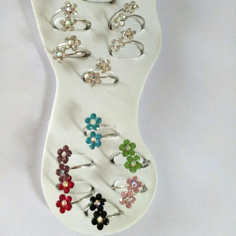 12 Pieces Fashion Crystal Flower Adjustable Toe Foot Ring Finger Ring ...