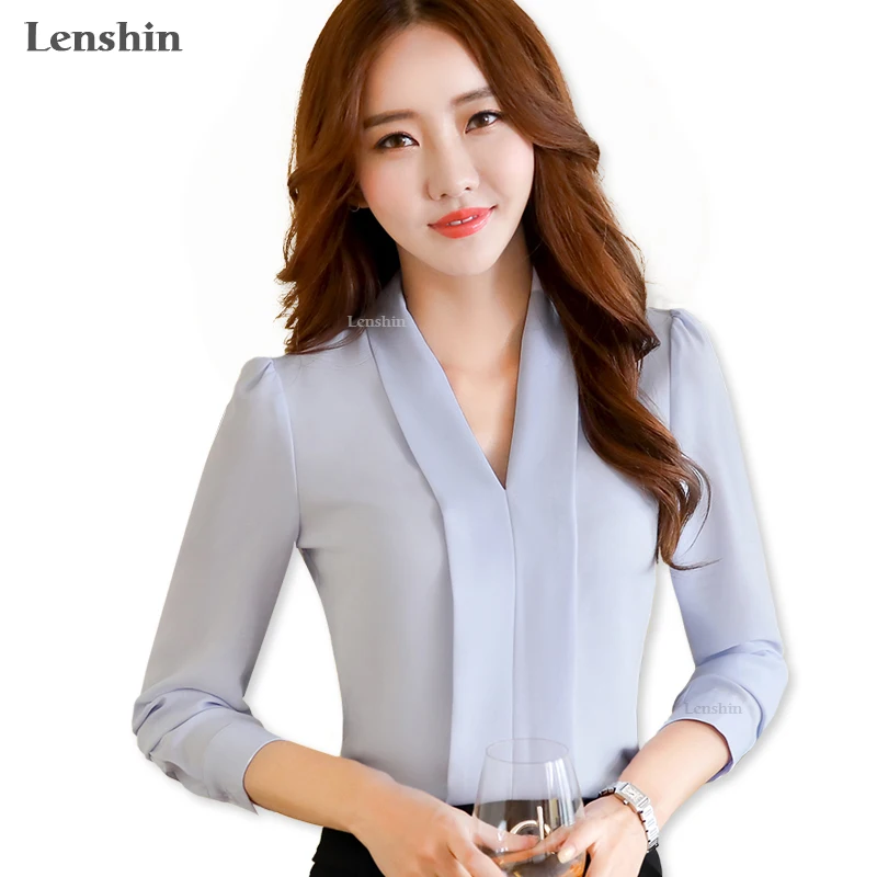 Lenshin Light Blue Loose Chiffon Shirt Breathable Soft V neck Draped ...
