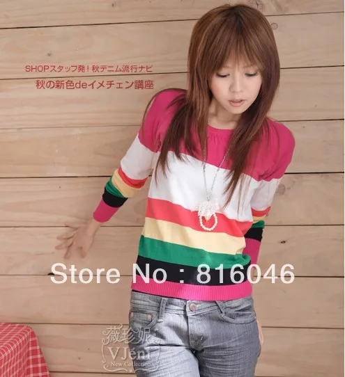 New!4 colors stripe round collar long sleeve knit unlined upper garment ...