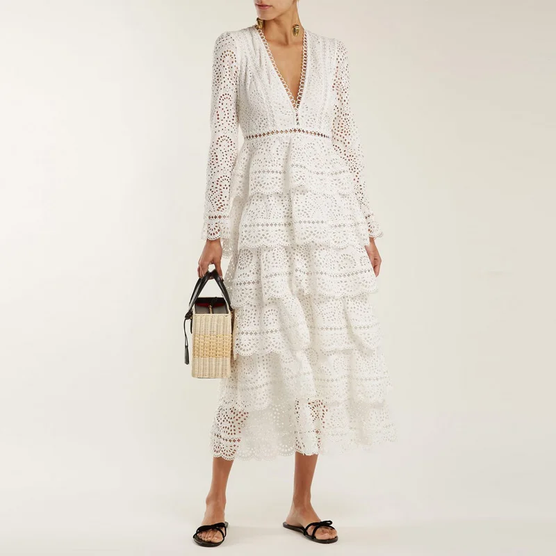 Women Long Sleeve V Neck Hollow Out Lace Bohemian White Fringed Midi ...