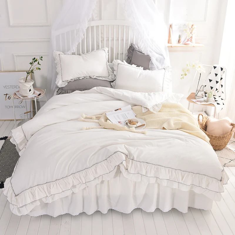 Free shipping 100%cotton bed skirt solid color simple ruffles princess ...