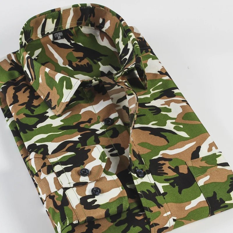Mens Military Formal Camouflage Shirt Green Long Sleeve Camo Camp Shirt ...