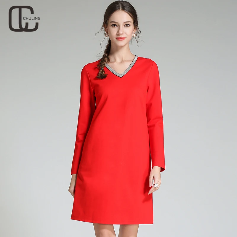 Autumn Winter Women's Black Red Chain Simple Elastic Plus Size Dresses ...
