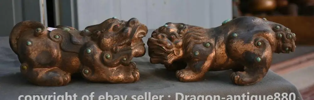 10"China Purple Bronze Gilt Turquoise Fengshui Foo Dog Guardion Lion ...