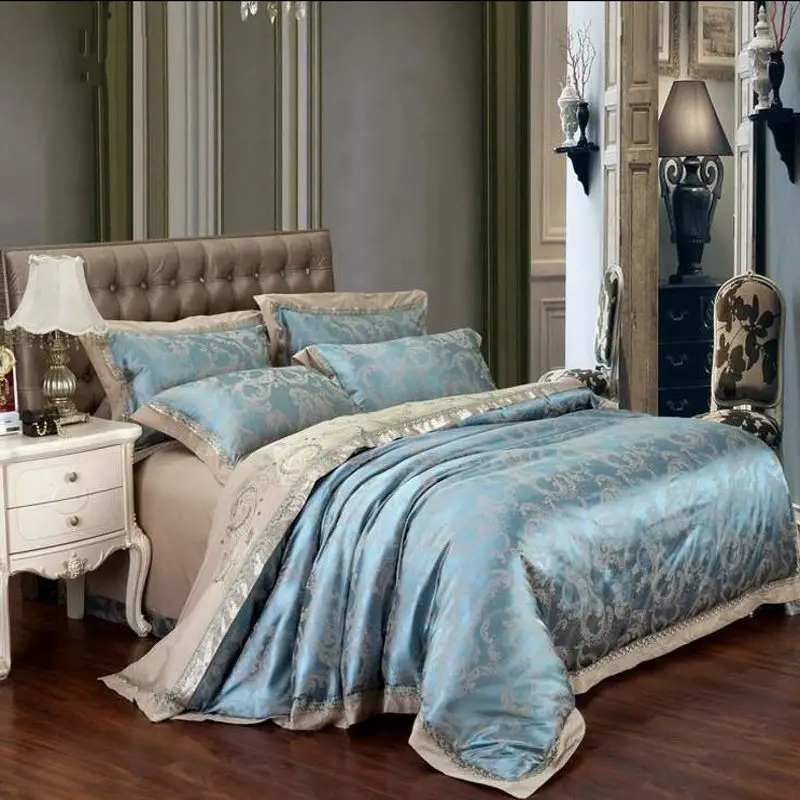 Embroidered Satin Quilt Cover Set Green Jacquard Bedding Set King Queen