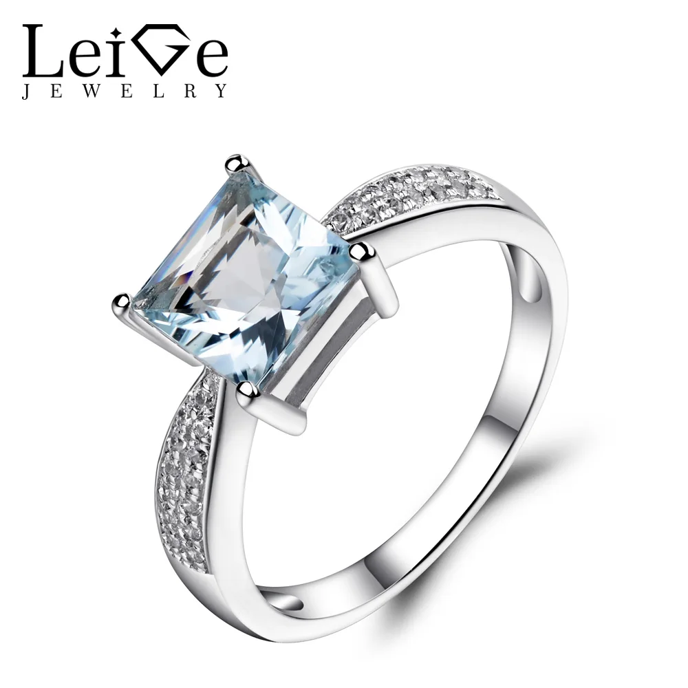Leige Jewelry Princess Cut Aquamarine Rings For Women Blue Gemstone ...