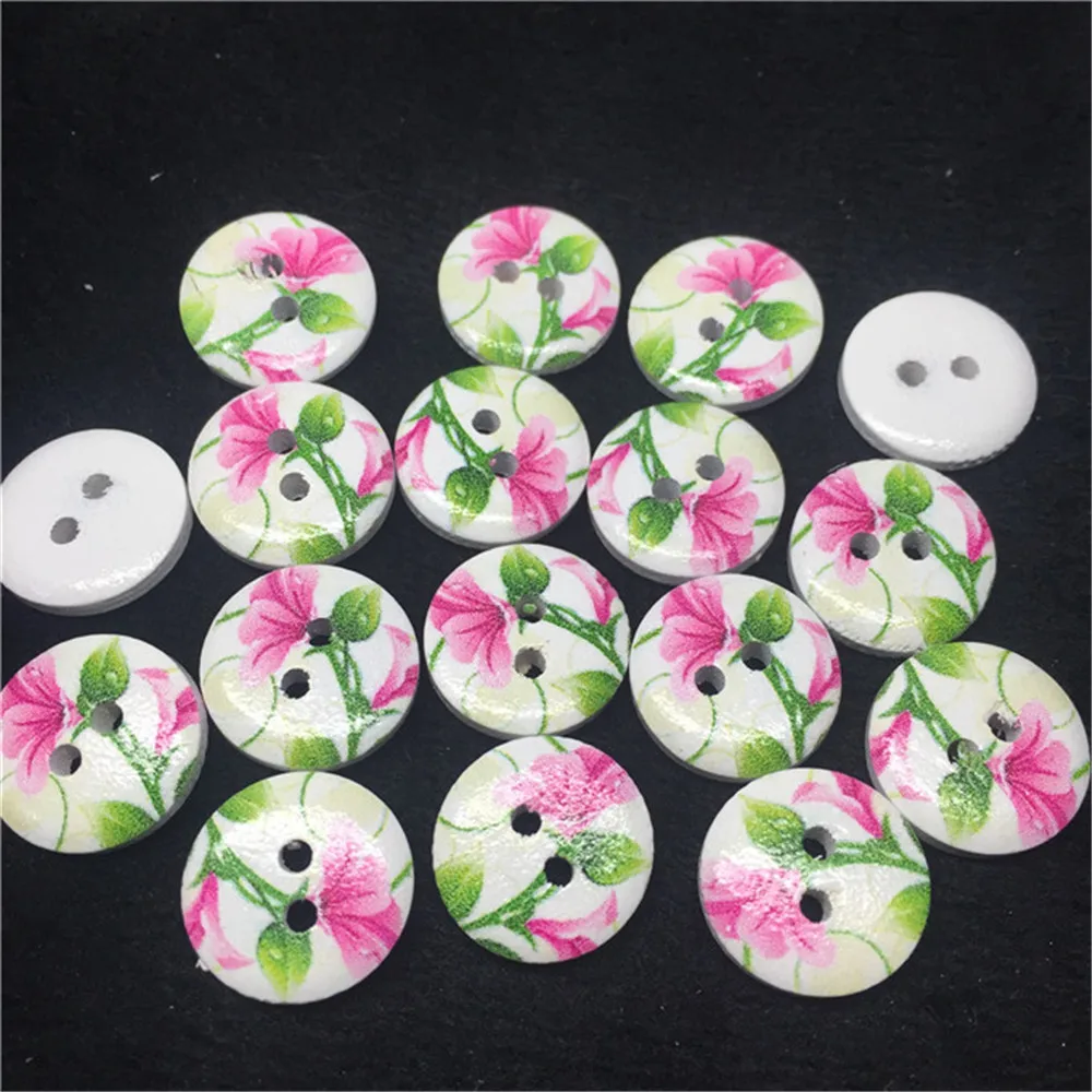 100pcs 15mm Wood Buttons Lotus Flower Painted 2 Holes Round Sewing ...