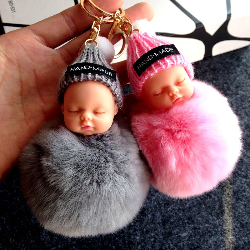 Kawaii Fluffy Ball Fur Pompom Sleeping Baby Doll Keychain Key Holder ...