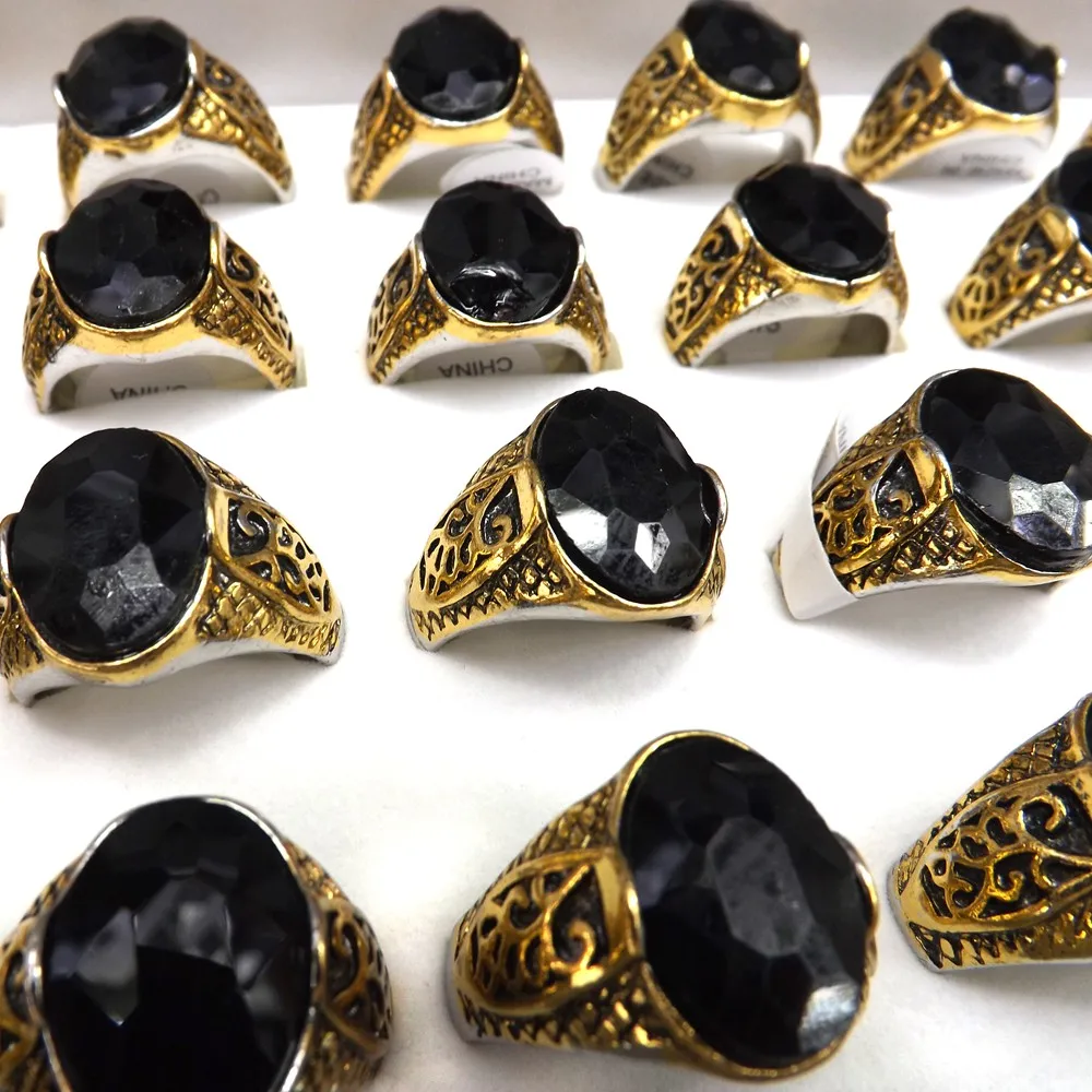 Middle East Arabic Style Totem Black Glass Rings Two tone Jewelry For ...