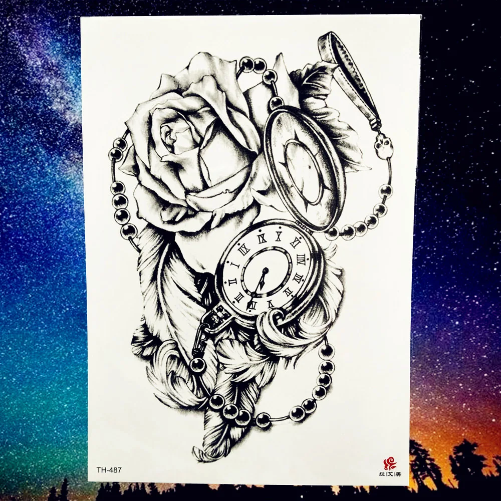 Pocket Watch With Roses Tattoo Designs