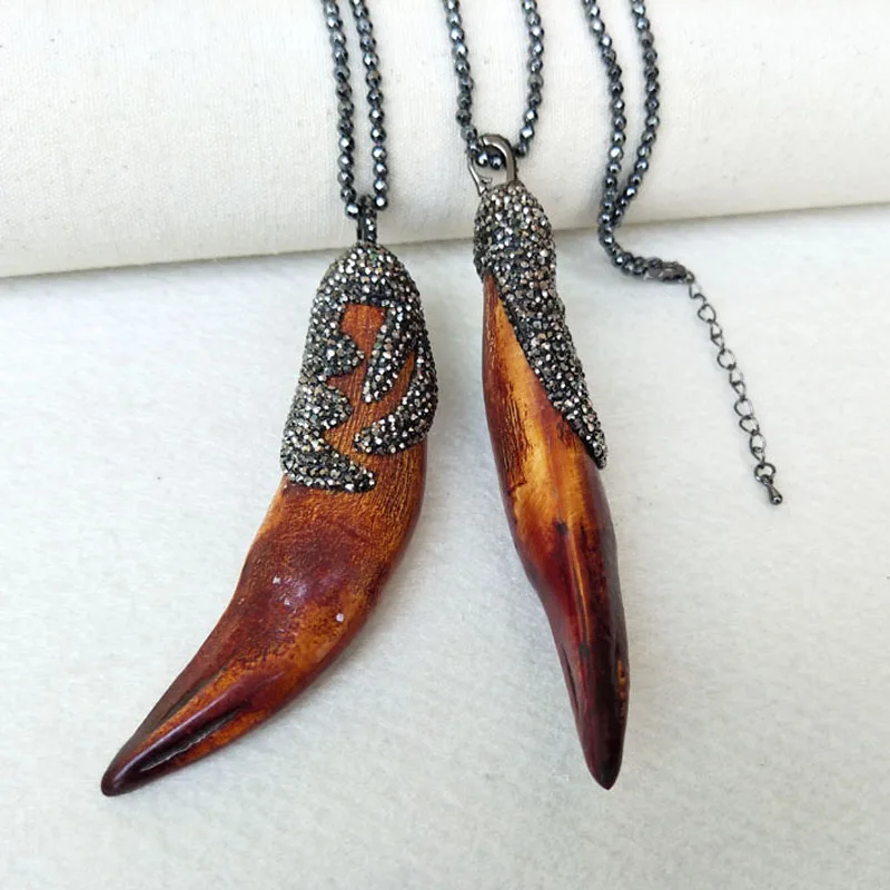 4 Strands Hematite beads necklace Simulated Tiger Teeth Pendant pave ...