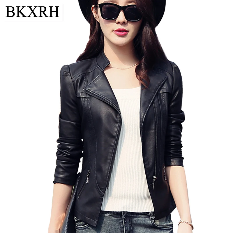 2018 New Women Slim Leather Jackets Turn down Stand Collar Short ...
