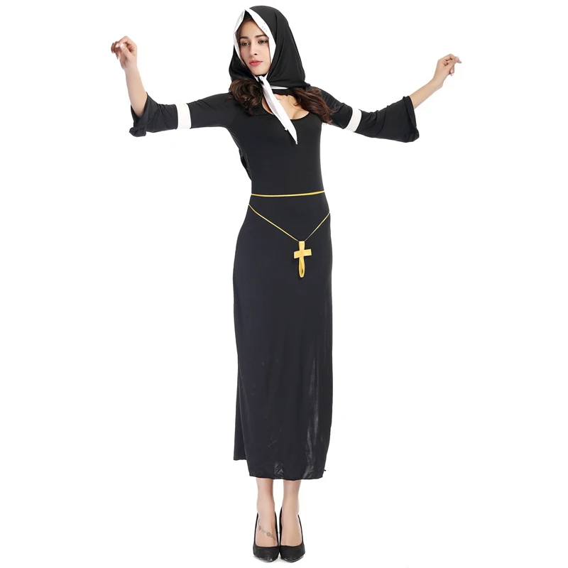 Rioriva Blackandpolyesterspandex Hole Split Costumes Sexy Nun Uniform Shemale Disfraces Halloween