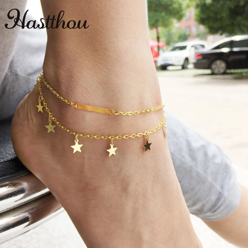 HASTTHOU Two Layers Thin Chain With Star Charms Women Anklet Bracelet ...