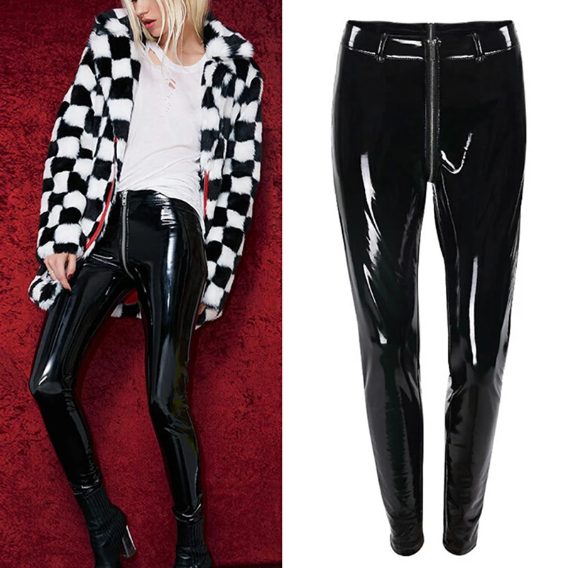 Women Black Red Latex Rubber Pants Sexy Shiny Pu Leather Leggings With