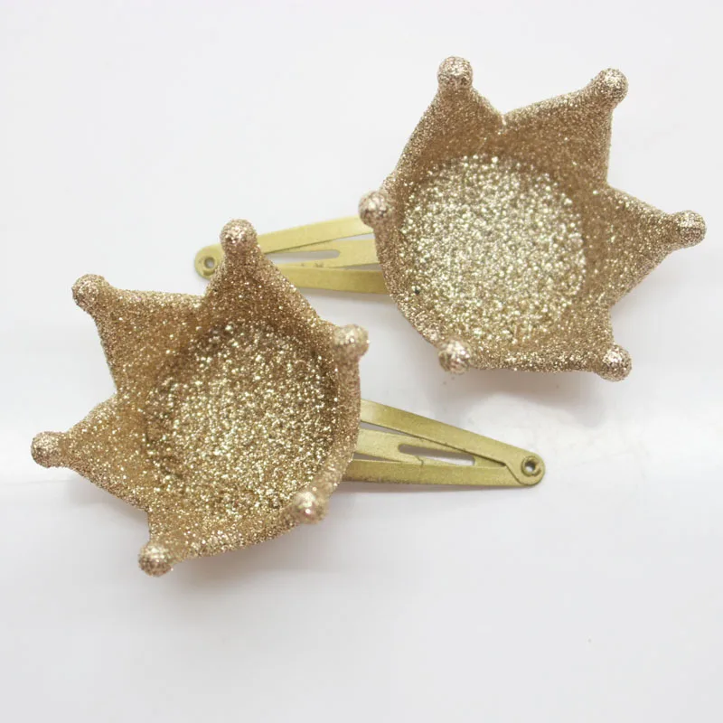 2 Pcs/set gold glitter crown charm hair snap clips girl's bling hair ...