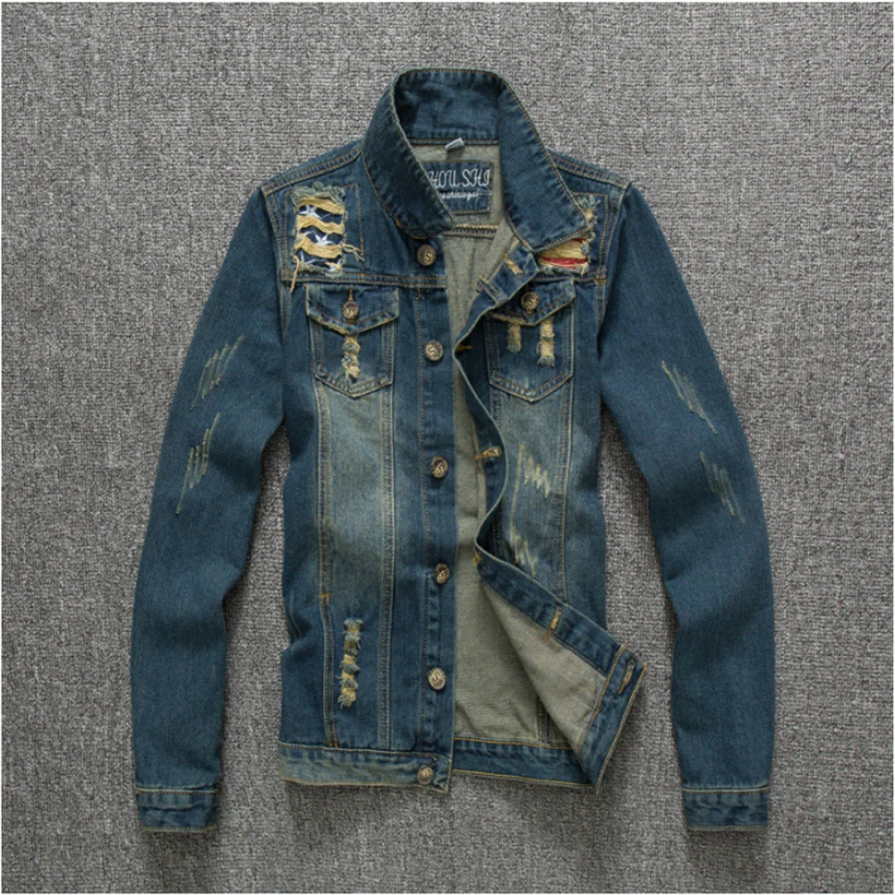 Autumn Men Denim Jackets Ripped Hole Destroyed Vintage Jeans Coats ...