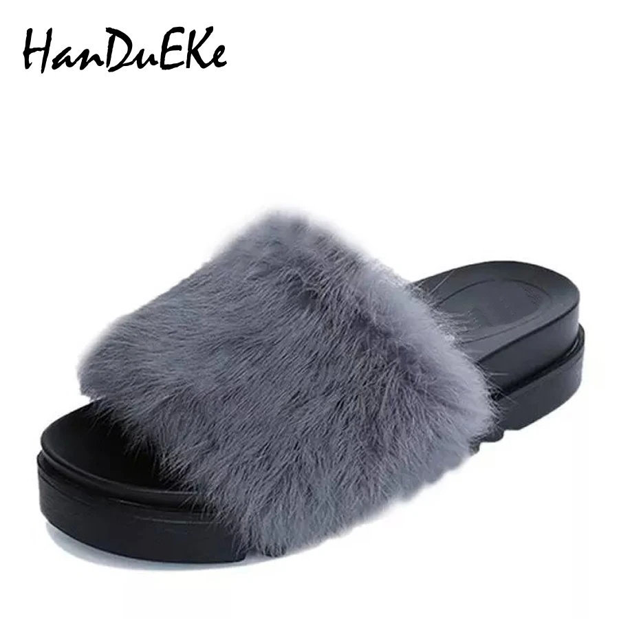 Woman Fur Flip Flops Platform Open Toe High Heels Slippers With Fur ...