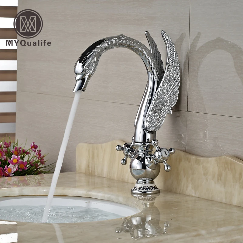 Polished Chrome Dual Handle Swan Basin Sink Faucet Deck Mount Brass ...