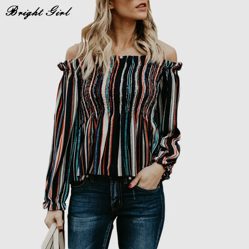 BRIGHT GIRL Blouse Women's Strip Clothes Autumn Long Sleeve Blouse Sexy ...