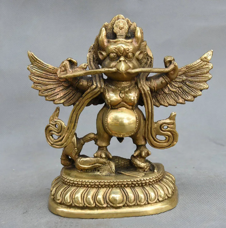 5" Tibet Tibetan Buddhism Brass Redpoll Winged Garuda Bird Eagle Buddha ...