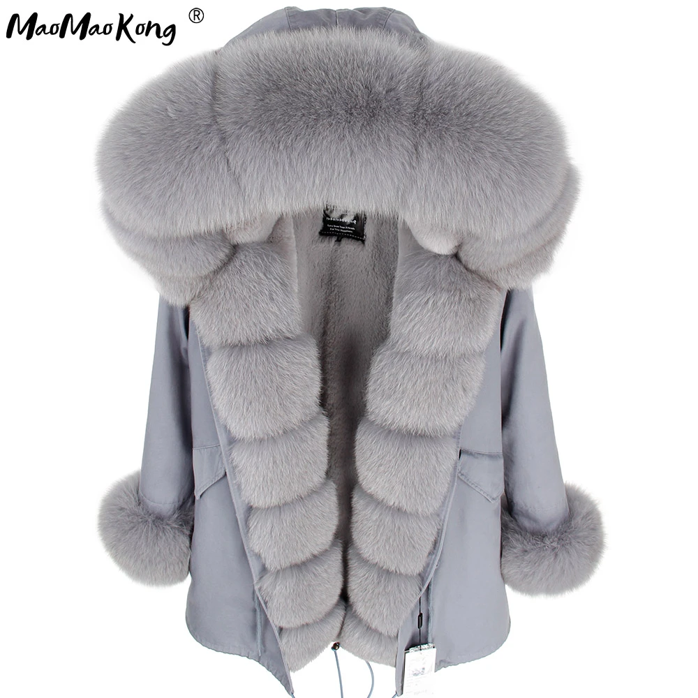 Maomaokong Winter Women Gray Natural Real Fox Fur Jacket Hooded Thick Warm Fashion Real Fur Coat ...