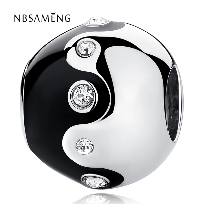 2018 New 925 Sterling Silver Round Yin & Yang Beads With Clear CZ Charm ...