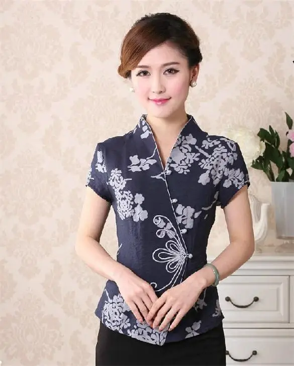Navy Blue Chinese Women's Clothing Cotton Blouses Shirt Tops Size M L ...