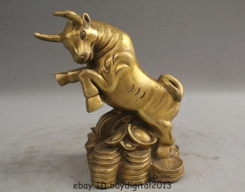 7" Chinese Folk Feng Shui Brass Money Wealth Zodiac Year Bull Oxen ...