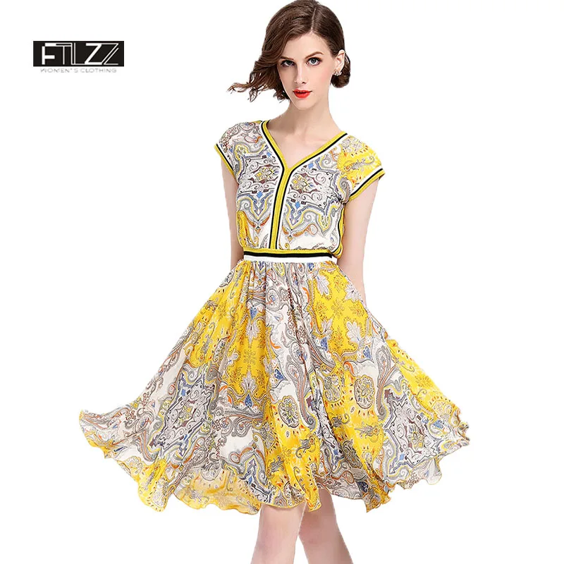 Women Summer Causal Dresses 2018 New Slim V Neck Yellow Geometry