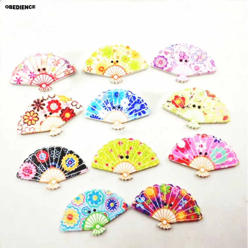 OBEDIENCE 100Pcs Mixed Flower painted Fan Wooden Buttons Handmade Decor ...