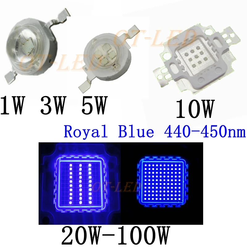 High Power Royal Blue Led Grow Chip 440nm 450nm 1w 3w 5w 10w 20w 30w 50w 100w Cob Led Emitter ...