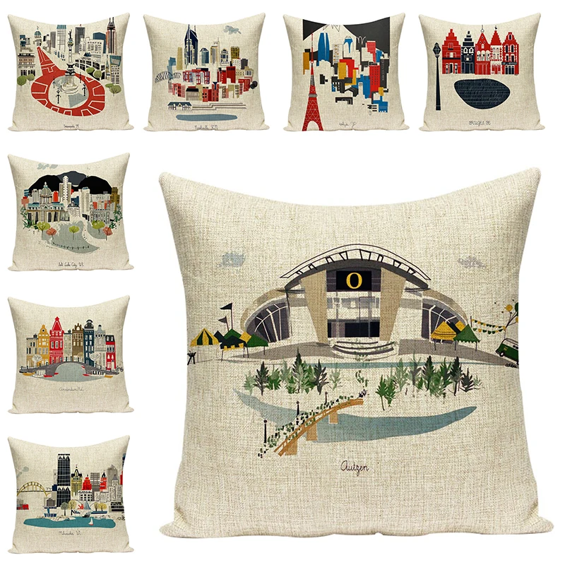 World-famous Building Printed Cushion Covers Cotton Linen Decorative ...