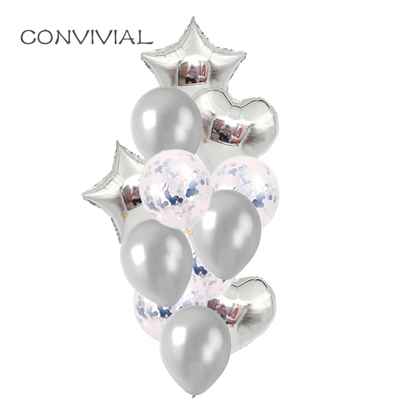 Silver Star Confetti Balloon Set Foil Heart Balloons Wedding Happy