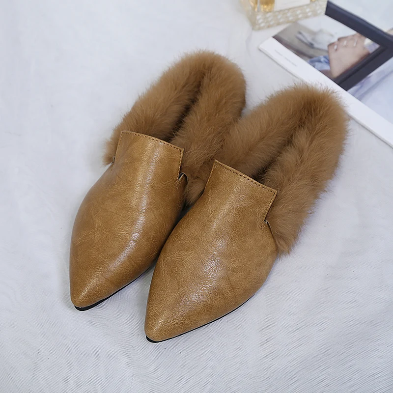2017 Women Fur Shoes Real Rabbit Furry Slippers Winter Warm Pointed Toe ...