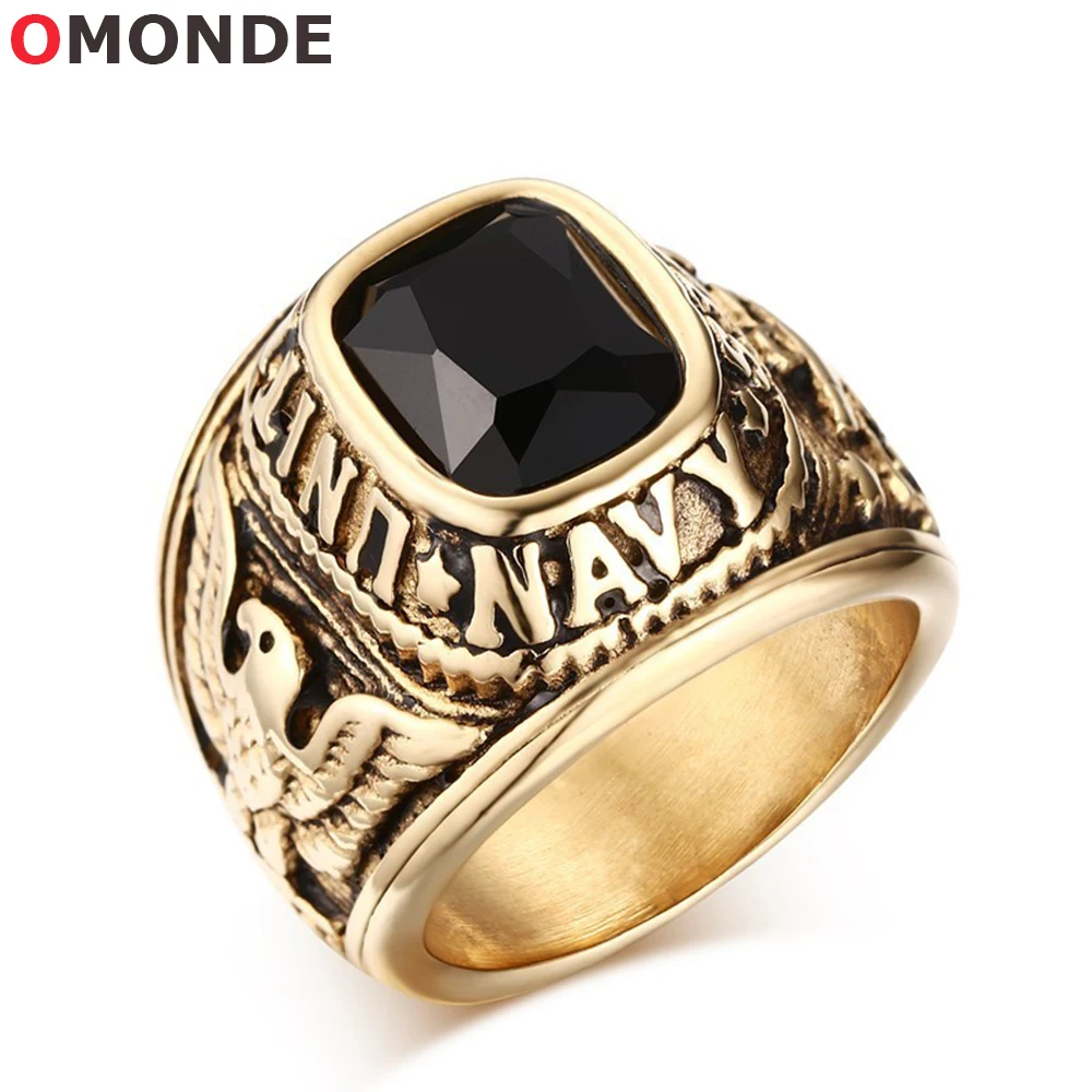 Vintage United States Navy Ring Men Gold Color Titanium Stainless Steel ...