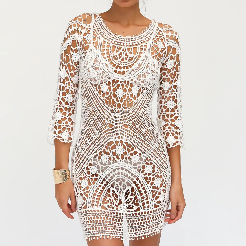 Sexy Bikini Cover Ups Crochet Hollow Out Beach Swimwear Dress Ladies