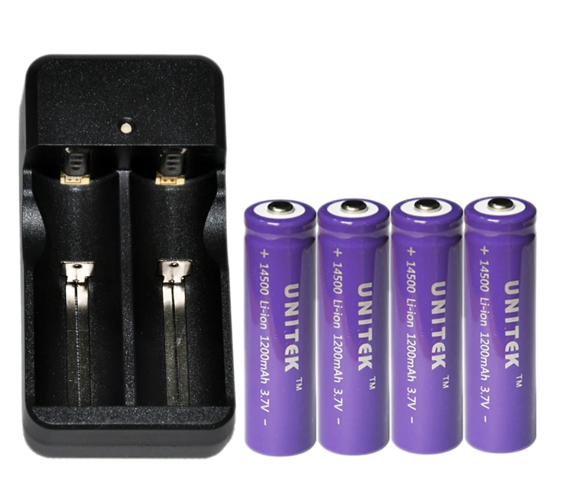 4pcs UNITEK 1200mah 3.7v ICR 14500 li ion battery + charger AA ...