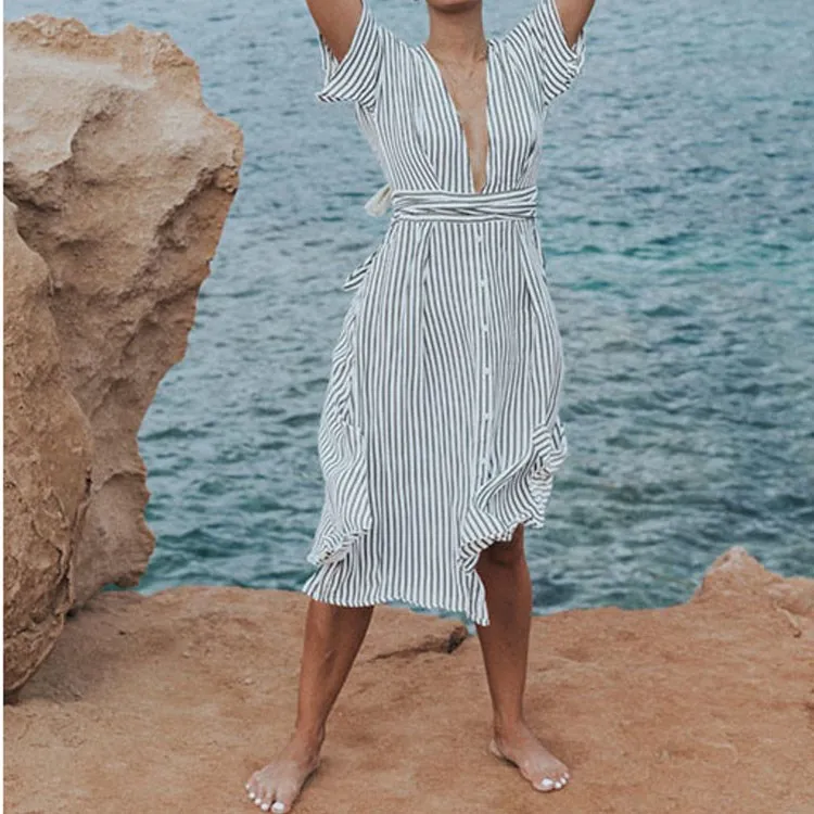 2019 Summer Women Boho Beach Dress Casual Backless Stripe Dress Sexy V ...