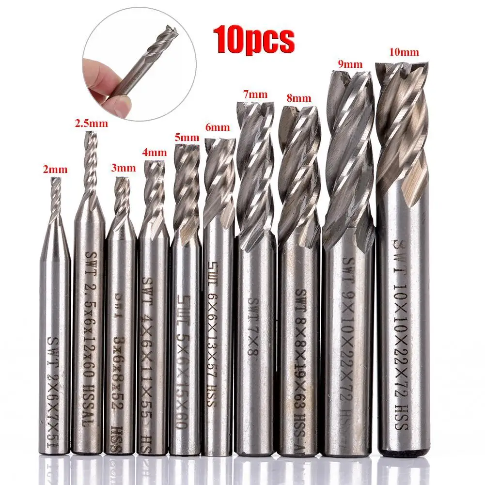 10 PCS Set Carbide End Mill HSS 4 Flutes 2 10 MM Diameter Milling