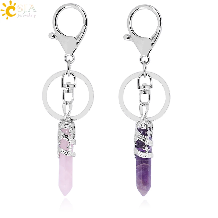 CSJA Natural Gem Stone Keychains Hexagonal Prism Point Pendant Lapis ...
