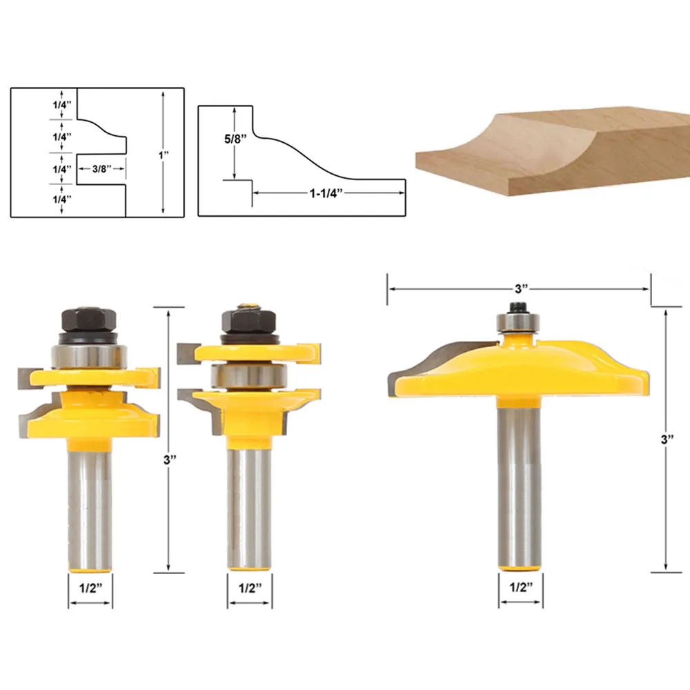 3pcs 1/2" Shank Raised Panel Router Bit Cabinet Door Woodworking Cutter ...
