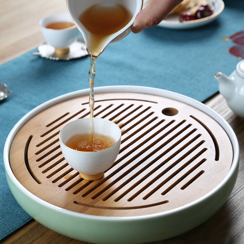 Square China Ceramics Bamboo Tea Tray Drainage Water Storage Kung Fu ...