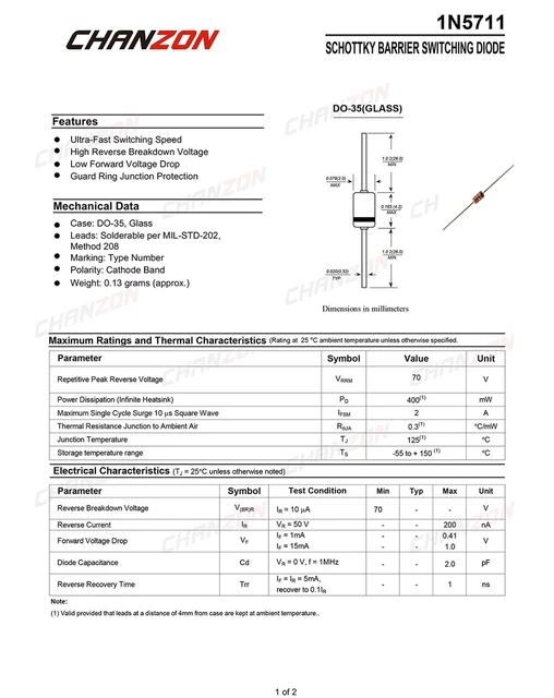 1N5711 Schottky Diode: Pinout, Specifications And Datasheet, 43% OFF