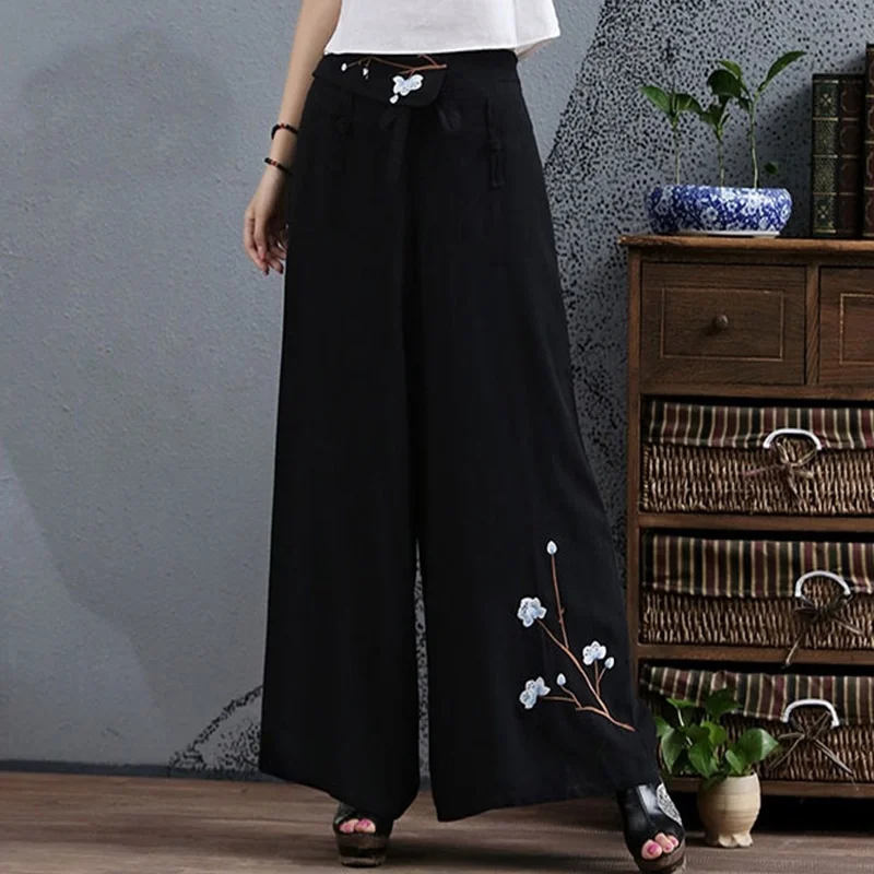 Ethnic Pants Women 2019 Elastic Waist Skirt Pants Embroidery Vintage ...